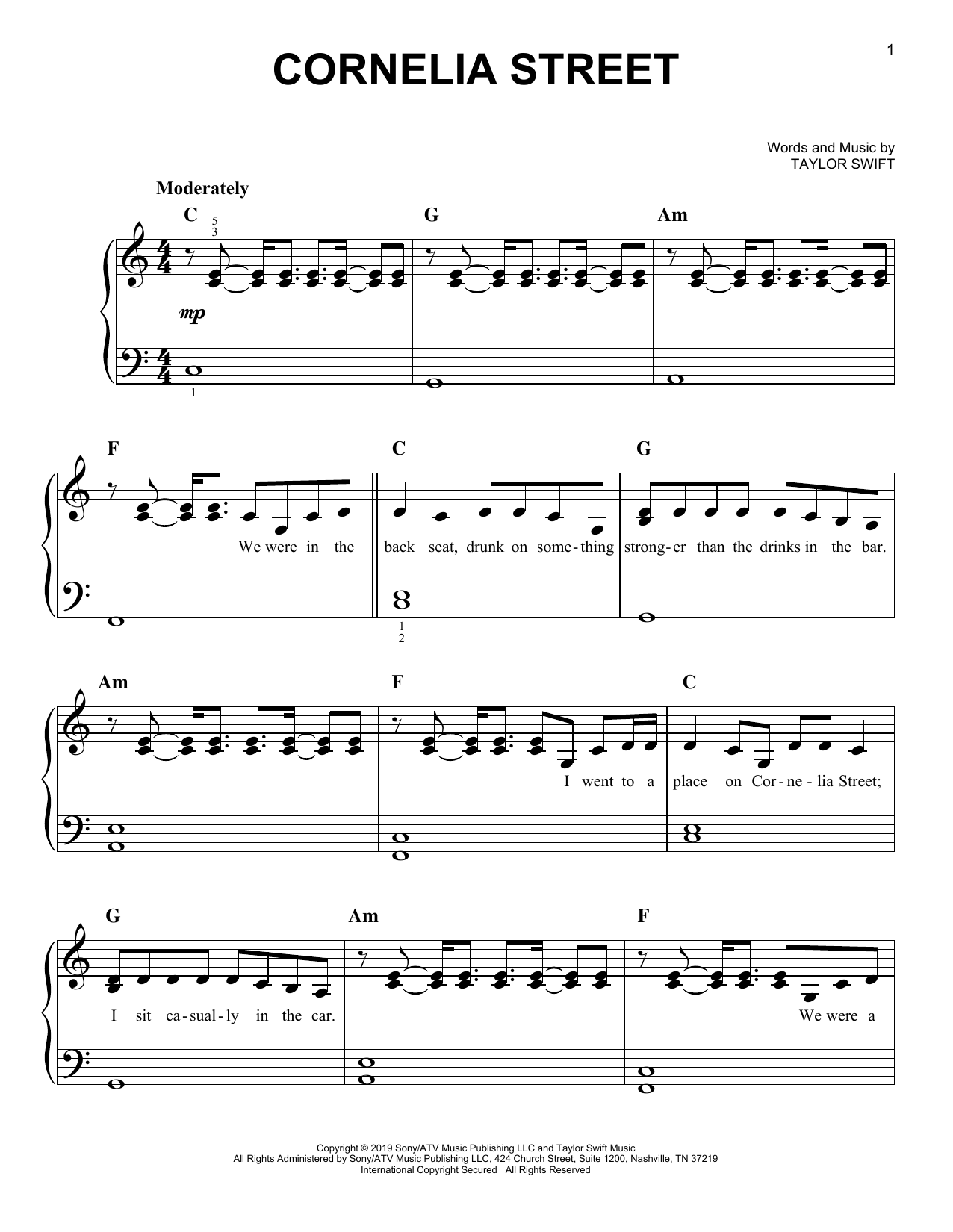 Taylor Swift "Cornelia Street" Sheet Music Notes | Download Printable ...