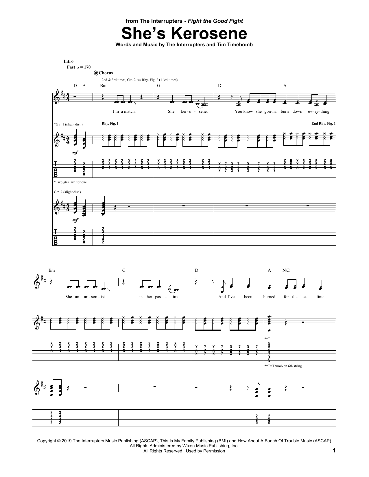 The Interrupters "She's Kerosene" Sheet Music & Chords | Download 8 ...