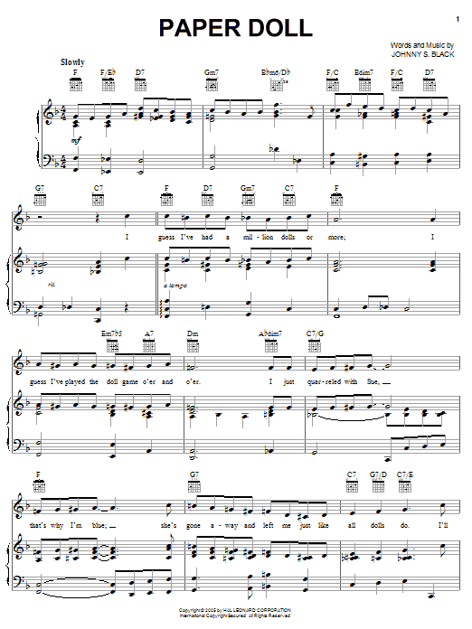 The Mills Brothers "Paper Doll" Sheet Music & Chords | Download 3-Page ...