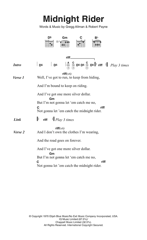 The Allman Brothers Band "Midnight Rider" Sheet Music Notes | Download ...