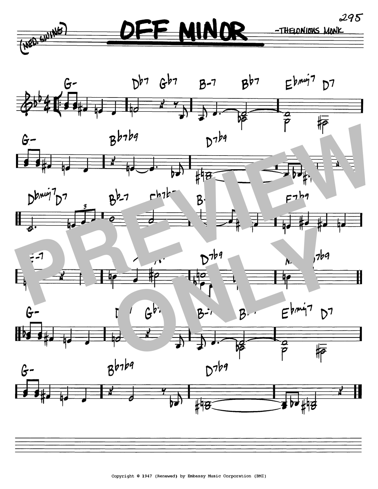 Thelonious Monk "Off Minor" Sheet Music Notes | Download Printable PDF ...