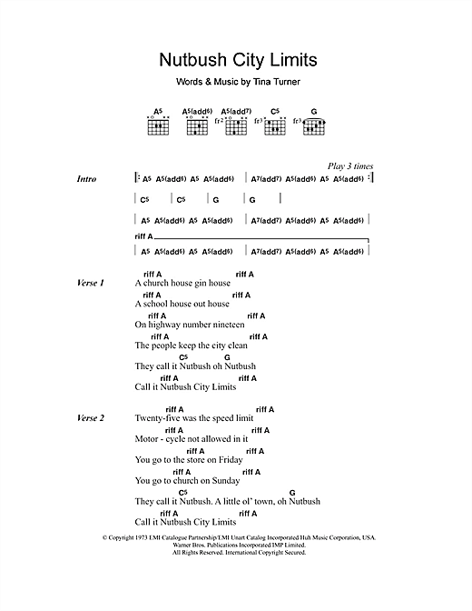 Tina Turner "Nutbush City Limits" Sheet Music & Chords | Download 2-Page Printable PDF Guitar ...