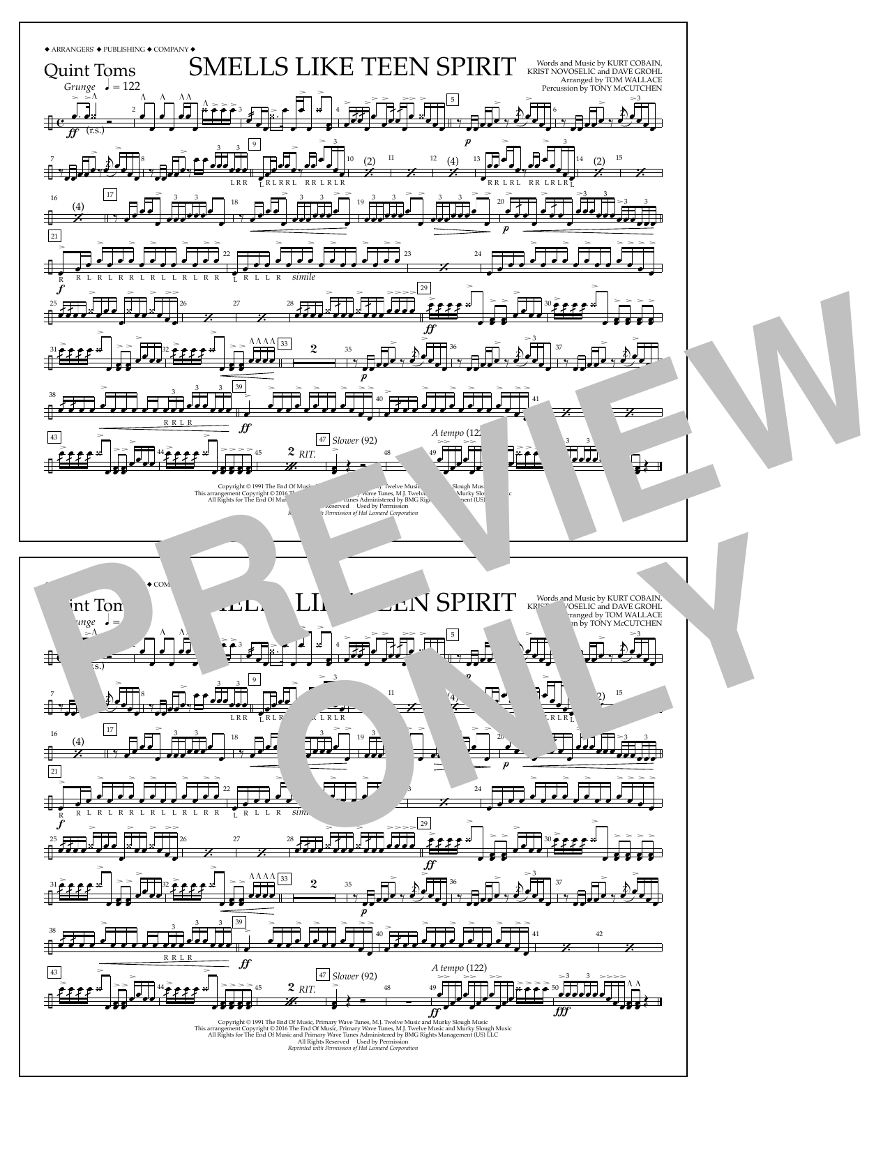 Tom Wallace "Smells Like Teen Spirit - Quint-Toms" Sheet Music Notes ...