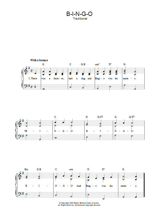 Traditional "B-I-N-G-O" Sheet Music & Chords | Download 2-Page ...
