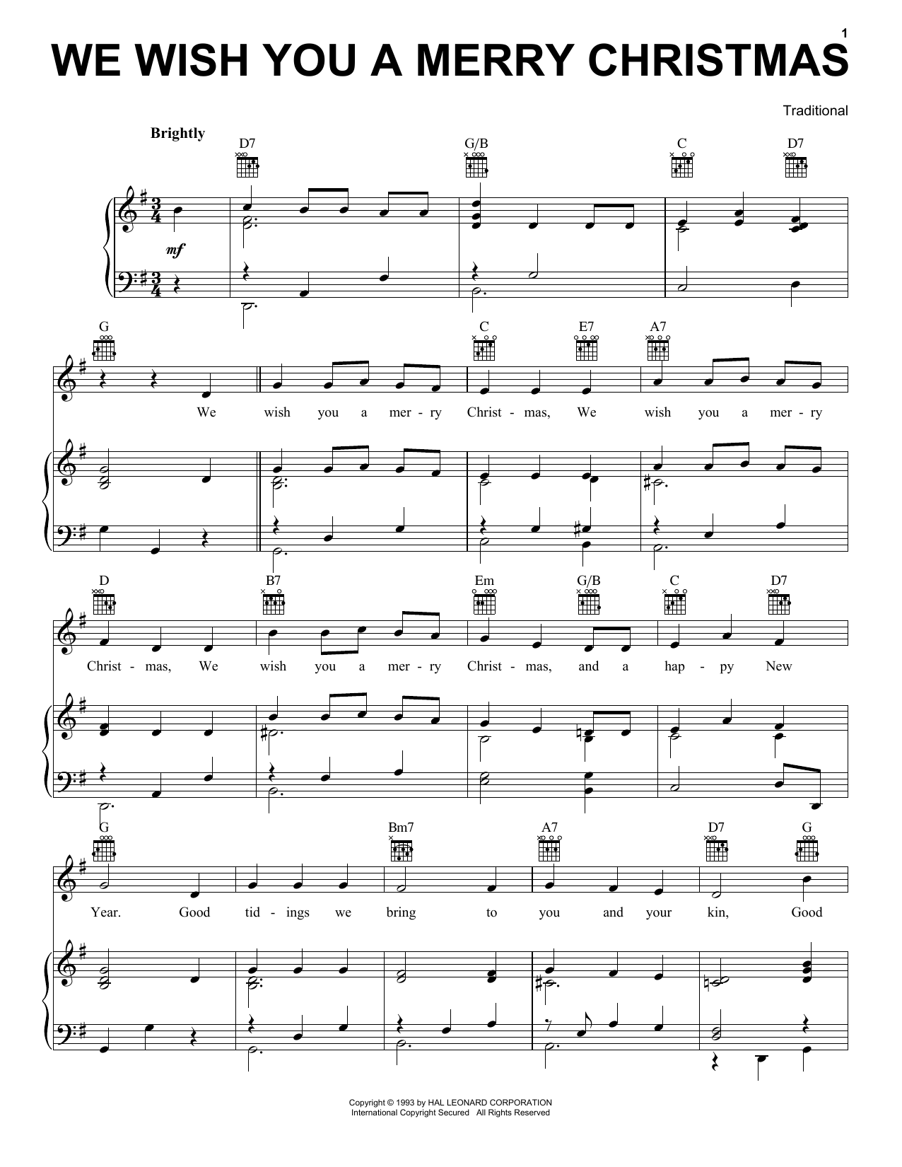 Traditional English Folksong "We Wish You A Merry Christmas" Sheet ...