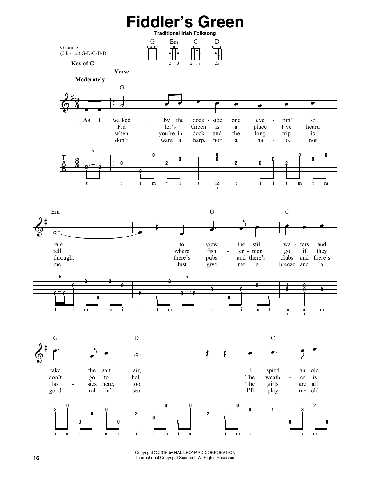 Traditional Irish Folk Song "Fiddler's Green" Sheet Music & Chords ...
