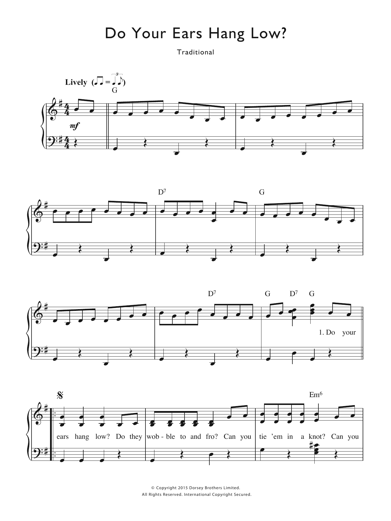 Traditional Nursery Rhyme "Do Your Ears Hang Low" Sheet Music & Chords ...