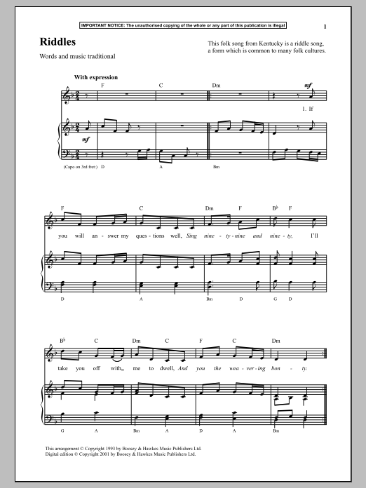 Traditional "Riddles" Sheet Music & Chords | Download 2-Page Printable ...