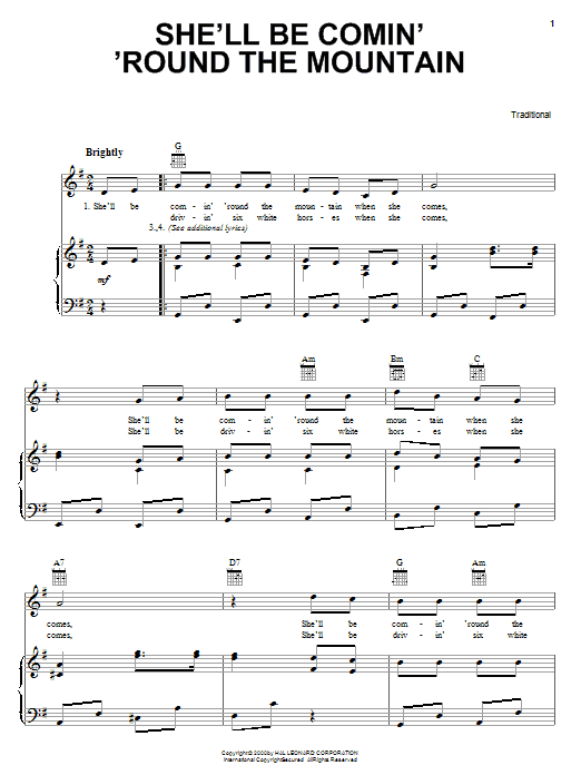 Traditional "She'll Be Comin' 'Round The Mountain" Sheet Music & Chords | Download 1-Page ...