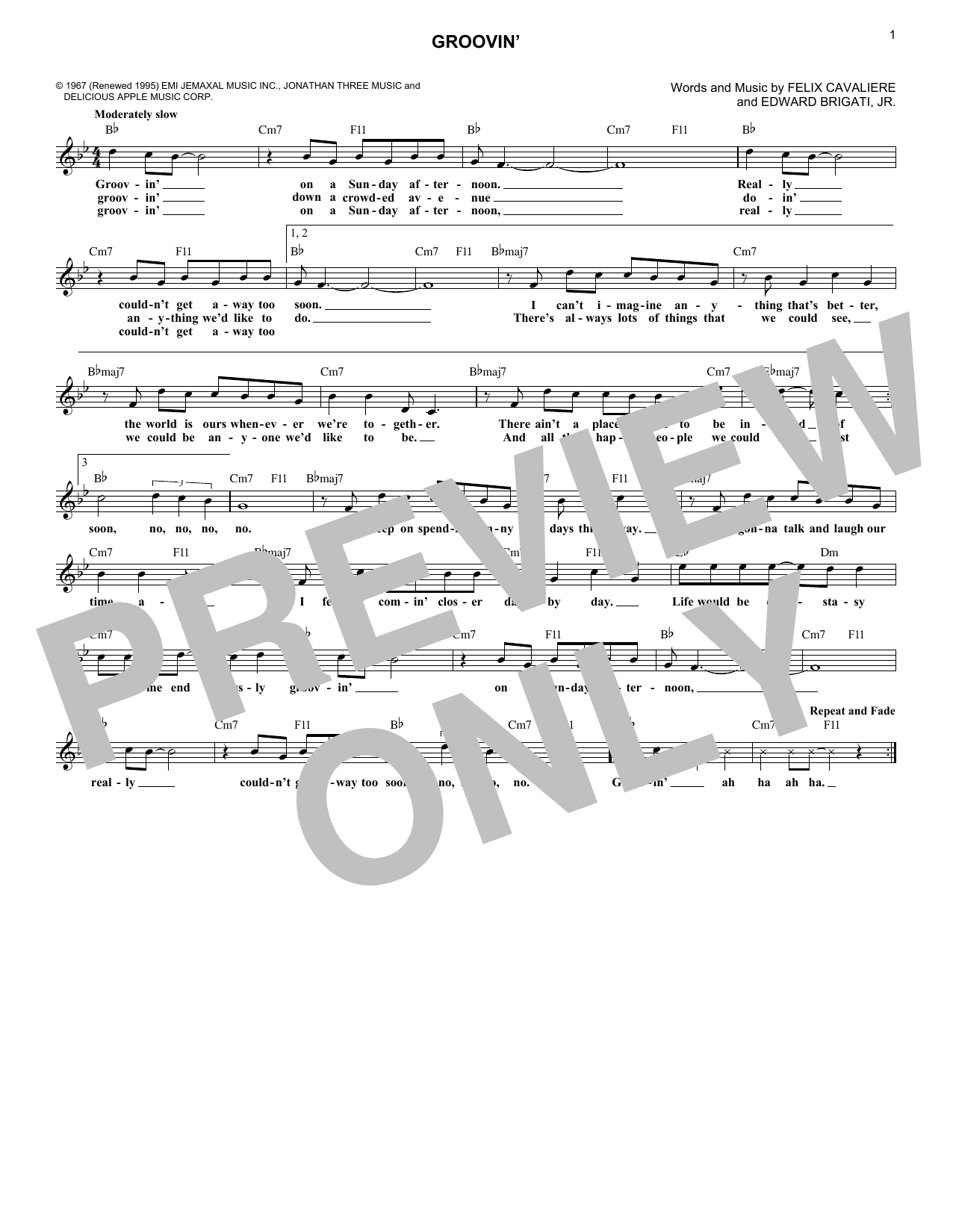 Young Rascals "Groovin'" Sheet Music & Chords | Download 1-Page ...